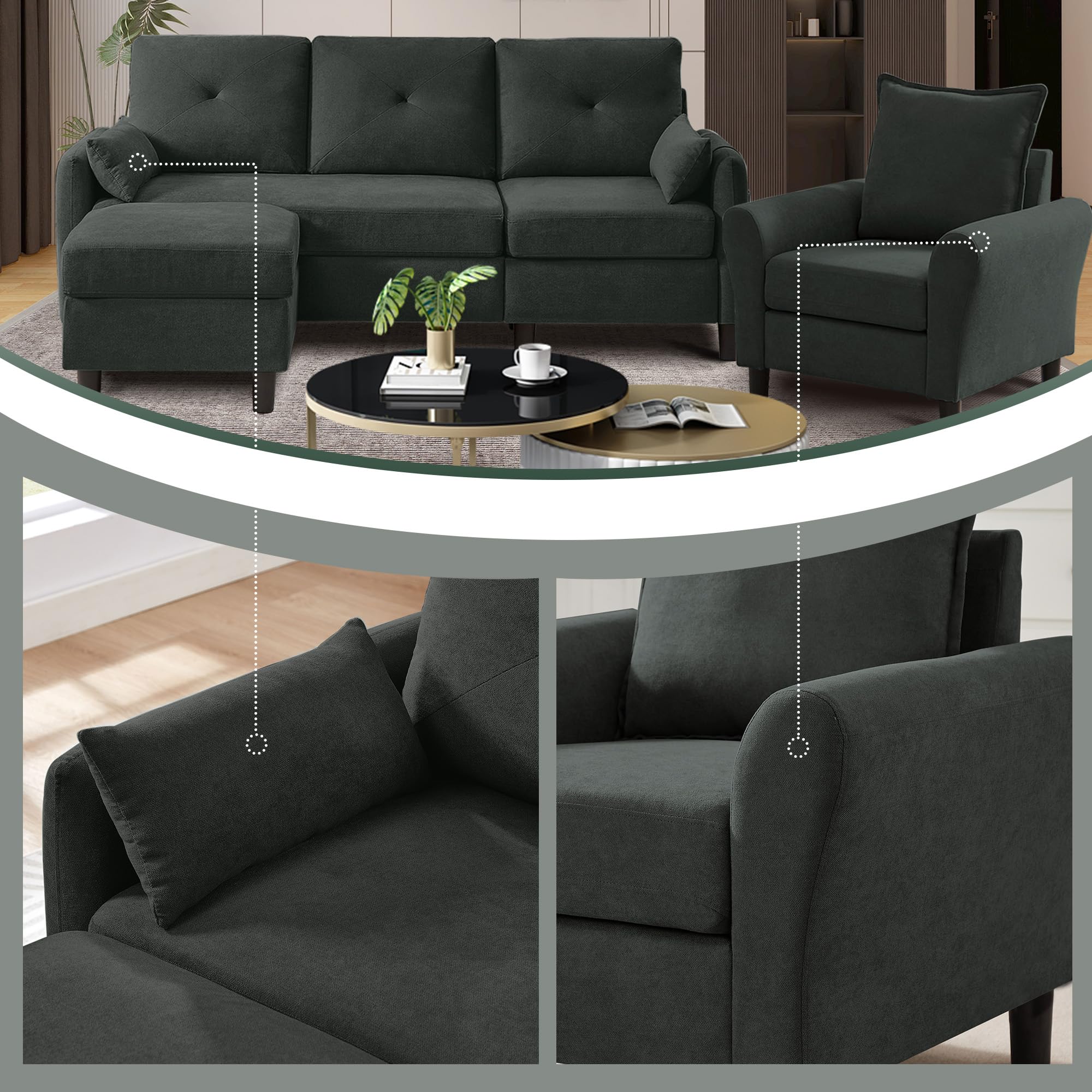 2 Piece Convertible Sectional Sofa Set for Living Room, 3-Seat L Shaped Couch with Ottoman Side Pocket Single Seat Accent Chair Polyester Fibre Black