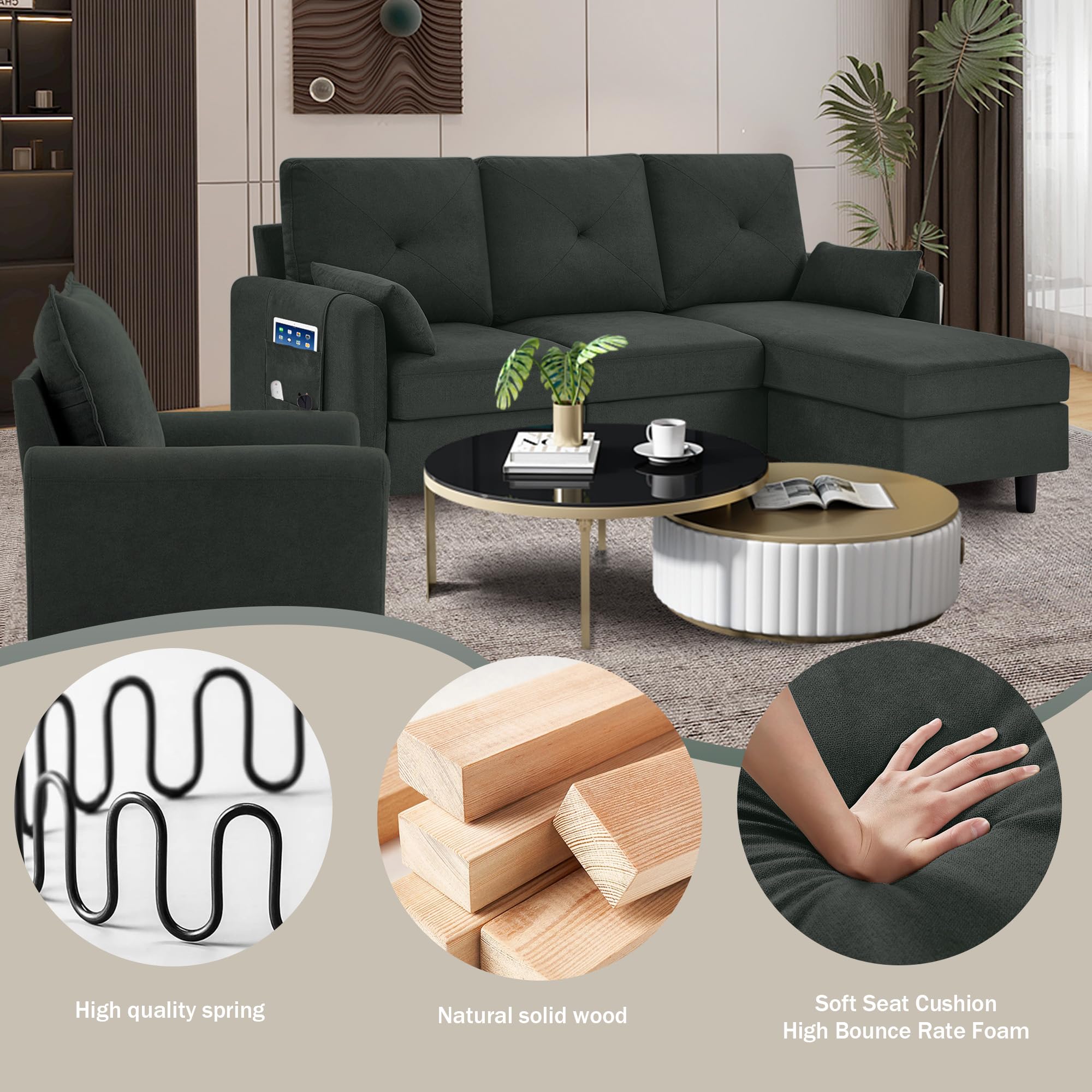 2 Piece Convertible Sectional Sofa Set for Living Room, 3-Seat L Shaped Couch with Ottoman Side Pocket Single Seat Accent Chair Polyester Fibre Black