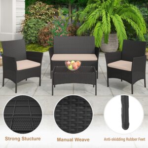 NChanmar Patio Furniture Set, 4 Pieces Outdoor Furniture Rattan Chair, Patio Table and Chairs Set, Wicker Sofa for Yard,Pool and Backyard, Black