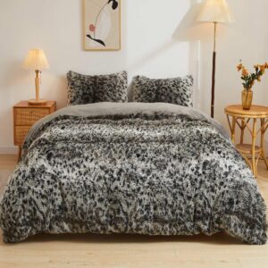 liferevo cheetah print faux fur duvet cover fluffy bedding set, 3 pieces soft plush fuzzy comforter cover set(1 shaggy comforter cover+2 furry pillowcases), zipper closure(queen, leopard print grey)