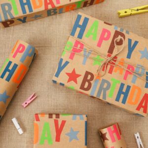 LaRibbons Birthday Wrapping Paper Roll for Kids, 30 Inch x 33 Feet (83 sq. ft. ttl.) Kraft Gift Wrap Paper with Colorful Text Happy Birthday Pattern for Baby Shower Holiday Party