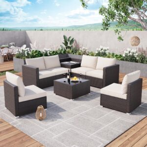 idealhouse 8 pieces outdoor patio furniture set with storage, 4 inch cushions outdoor wicker rattan patio furniture sectional set with glass table and hidden storage box, brown