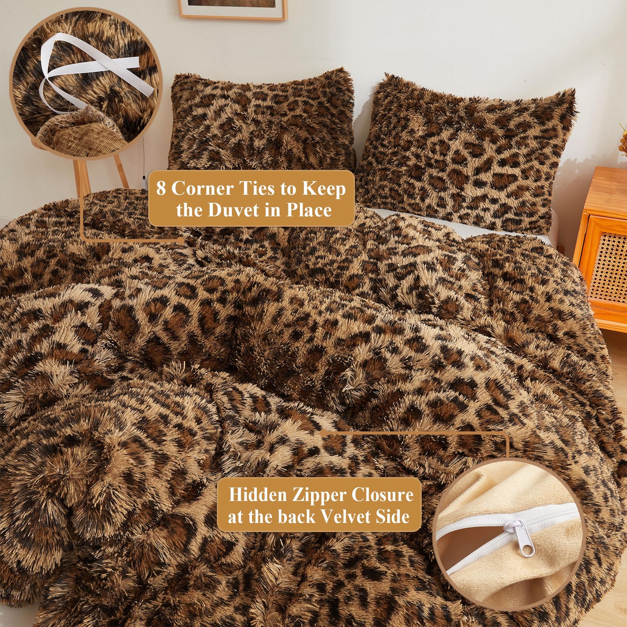 XeGe Cheetah Print Fluffy Faux Fur Duvet Cover Set, 3 Pieces Soft Plush Shaggy Fuzzy Bedding Set(1 Faux Fur Leopard Print Comforter Cover + 2 Furry Pillowcases), Zipper Closure(Queen, Brown)