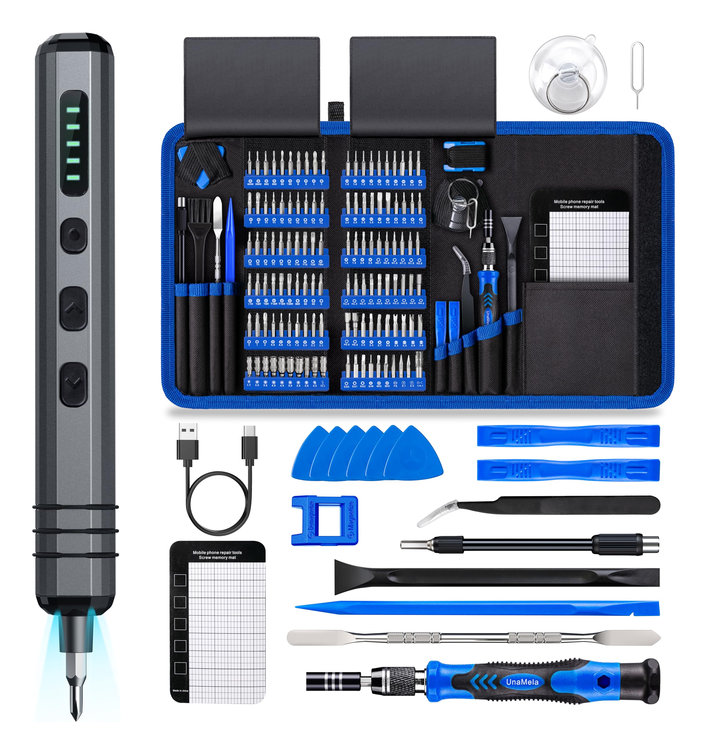 Mini Electric Screwdriver Set 140-IN-1: UnaMela Small Electric Screwdriver Cordless - 120 Precision Bits, 5 Torque Settings, LED Light, Magnetic Power Screwdriver Repair Tool Kit for PC RC Electronics