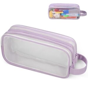 jianta mesh pencil case, large clear pen pouch with zipper and 2 compartments, makeup cosmetics bag stationery storage bag for home, office, school, purple