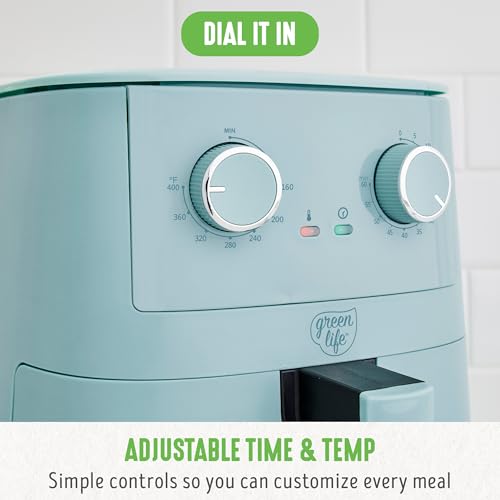 GreenLife 4.5QT Mechanical Air Fryer, PFAS-Free Ceramic Nonstick Crisper Drawer, Adjustable Temperature Timer Dial, LED Indicator, Easy Control, Dishwasher Safe, Compact Kitchen Essential, Blue Haze