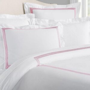 The Tangerine Store 3-Piece Lines Cotton Sateen Duvet Cover Set (88x90 inches) - Queen Size, White with Bubblegum Pink Embroidered Edge - Zip Closure, 4 Corner Ties, Pre-Washed Fabric