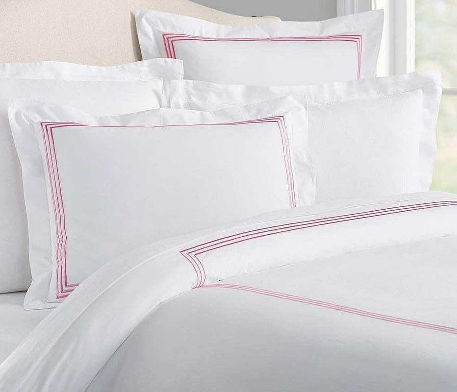 The Tangerine Store 3-Piece Lines Cotton Sateen Duvet Cover Set (88x90 inches) - Queen Size, White with Bubblegum Pink Embroidered Edge - Zip Closure, 4 Corner Ties, Pre-Washed Fabric