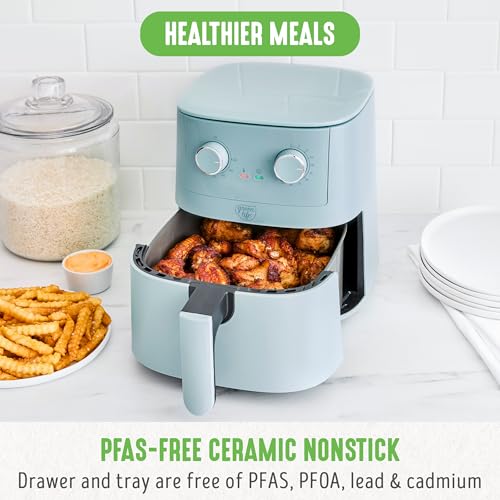 GreenLife 4.5QT Mechanical Air Fryer, PFAS-Free Ceramic Nonstick Crisper Drawer, Adjustable Temperature Timer Dial, LED Indicator, Easy Control, Dishwasher Safe, Compact Kitchen Essential, Blue Haze