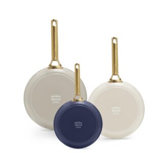 GreenPan Reserve 8” 10” and 12” Frying Pan Set, Induction Suitable, Ceramic Nonstick Hard Anodized Skillets, PFAS & PFOA-Free, Dishwasher and Oven Safe, Gold Handles, Navy, Taupe, Cream