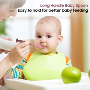 BEMEI Silicone Baby Spoons for First Stage Training Baby Utensils, Baby Spoons Self Feeding 6 Months, Long Handle Baby Feeding Spoon with Fixed Suction Cup, Dishwasher Safe【gray+kahaki+orange】