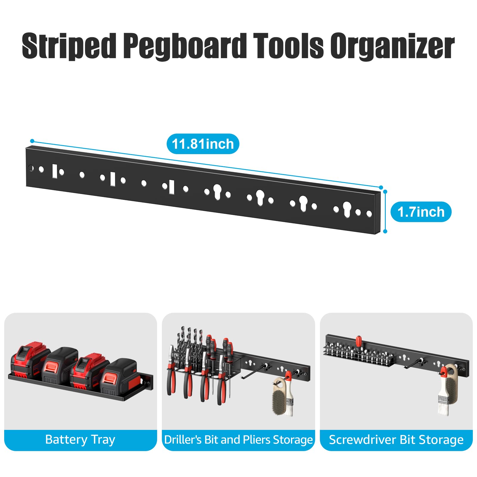 CCCEI 5PCS Individual Pegboard Strip with Power Outlet. Garage All Metal Wall Mount Mini Black Peg Board Set, for Drill and Tools Battery Holder Kit, Cleaning Supplies Cabinet Organizer. Gift for Men