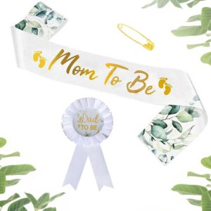 mom to be sash and daddy to be badge pins for baby shower boy girl greenery sage green mom to be sash & dad to be pin gender reveal party decorations pregnant mommy gift (white style)