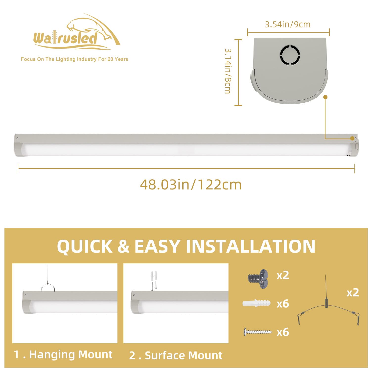 4FT LED Linear Strip Emergency Stairwell Light, 2 Watt Selectable, 20W/40W, 2500lm/5000lm, Battery Backup, 5000K, IP20, 0-10V Dimmable 4 Foot Flush Mount Commercial LED Shop Ceiling Light Fixture, FCC