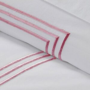 The Tangerine Store 3-Piece Lines Cotton Sateen Duvet Cover Set (88x90 inches) - Queen Size, White with Bubblegum Pink Embroidered Edge - Zip Closure, 4 Corner Ties, Pre-Washed Fabric