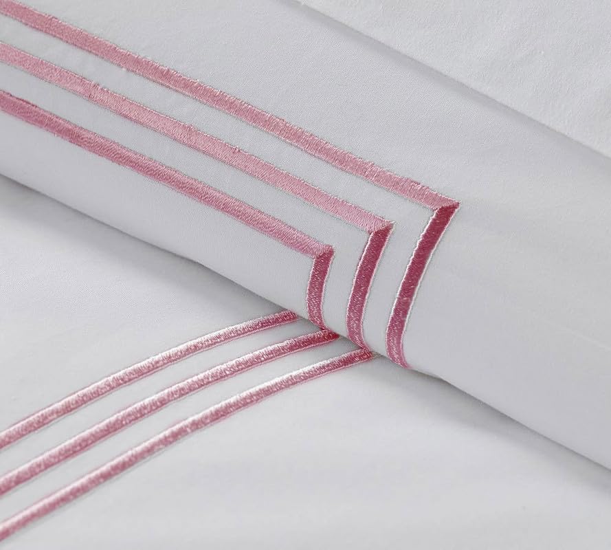 The Tangerine Store 3-Piece Lines Cotton Sateen Duvet Cover Set (88x90 inches) - Queen Size, White with Bubblegum Pink Embroidered Edge - Zip Closure, 4 Corner Ties, Pre-Washed Fabric