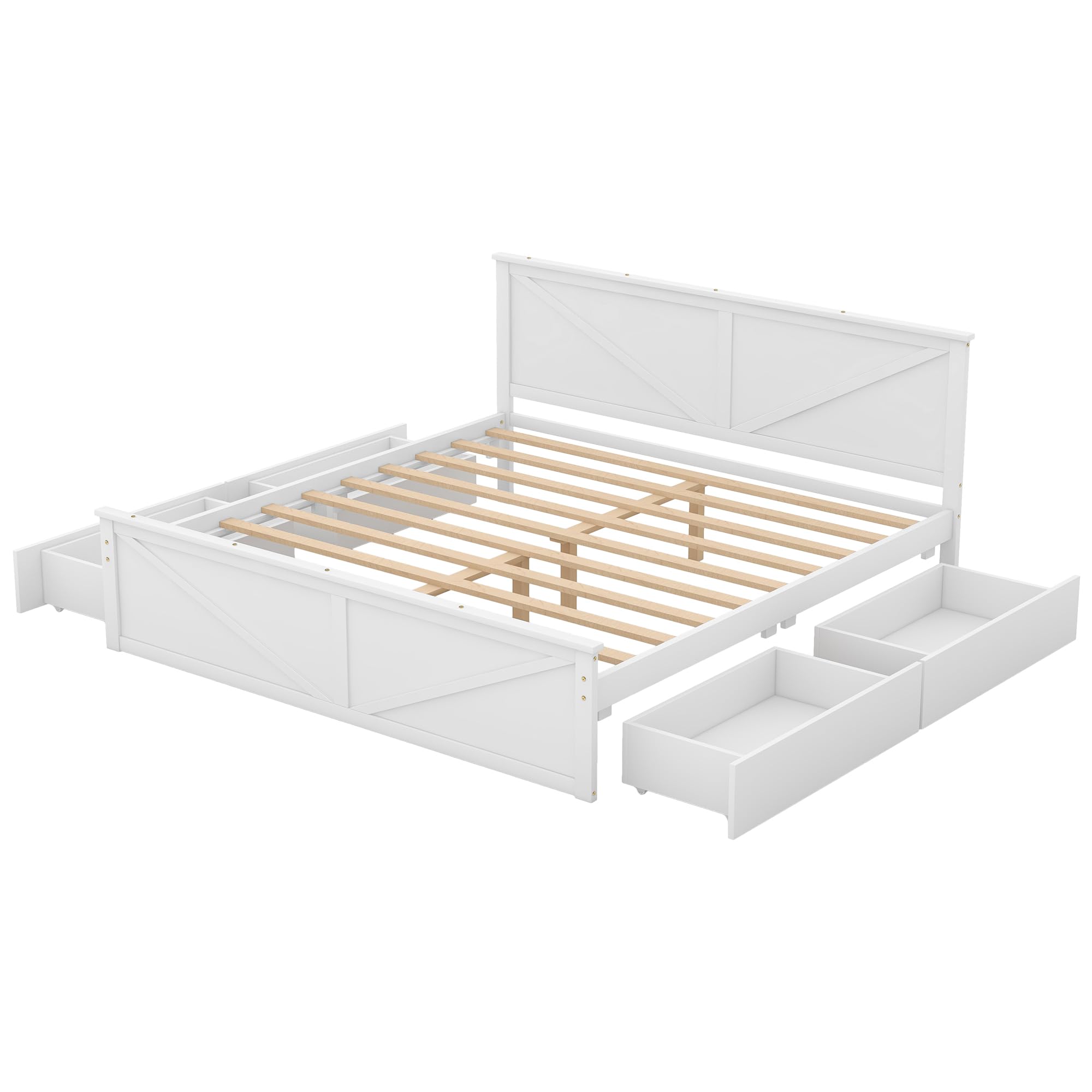 LZ LEISURE ZONE King Size Platform Bed, Wooden Platform Bed Frame with 4 Storage Drawers and Support Legs, No Box Spring Needed, White