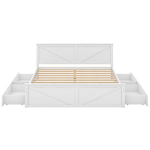 LZ LEISURE ZONE King Size Platform Bed, Wooden Platform Bed Frame with 4 Storage Drawers and Support Legs, No Box Spring Needed, White