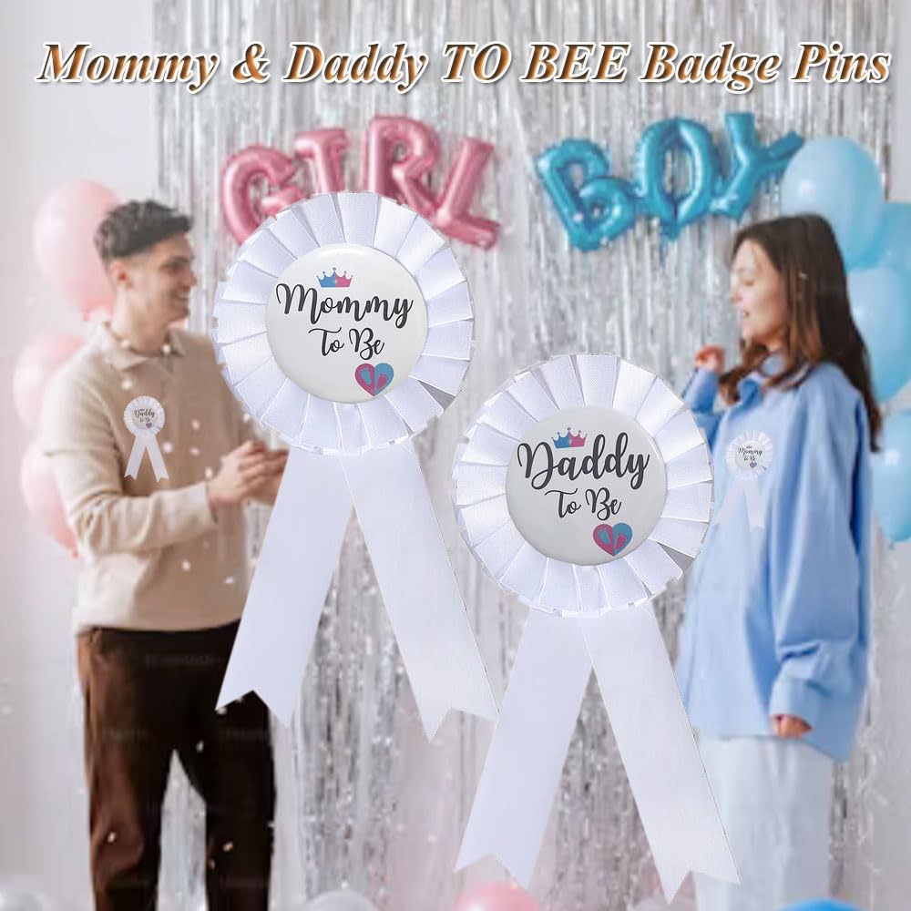 Mommy and Daddy To Be Tinplate Badge Pins, 2Pcs Perfect Baby Shower/Gender Reveal Button Pins for New Parents Baby Shower Pins Party Favor for Every Mom To Be and Dad To Be (White Style)