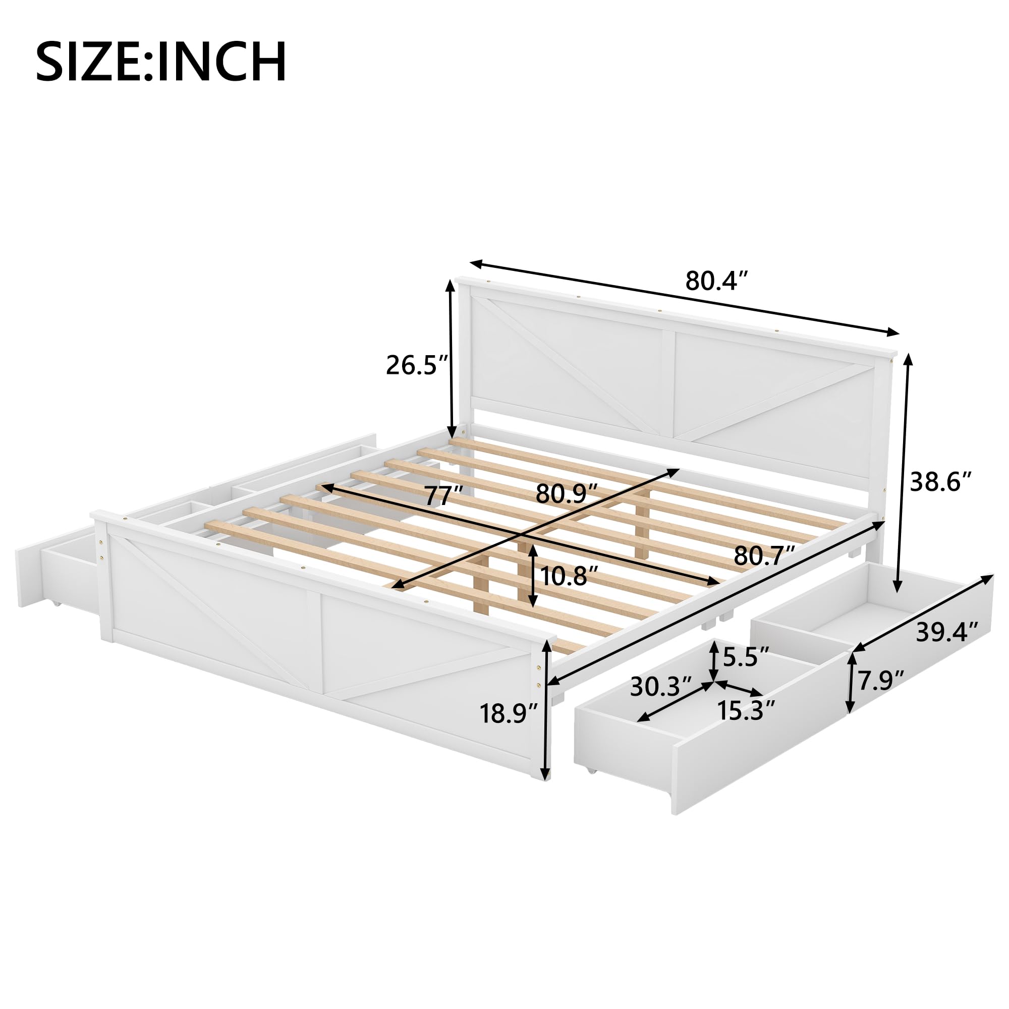 LZ LEISURE ZONE King Size Platform Bed, Wooden Platform Bed Frame with 4 Storage Drawers and Support Legs, No Box Spring Needed, White