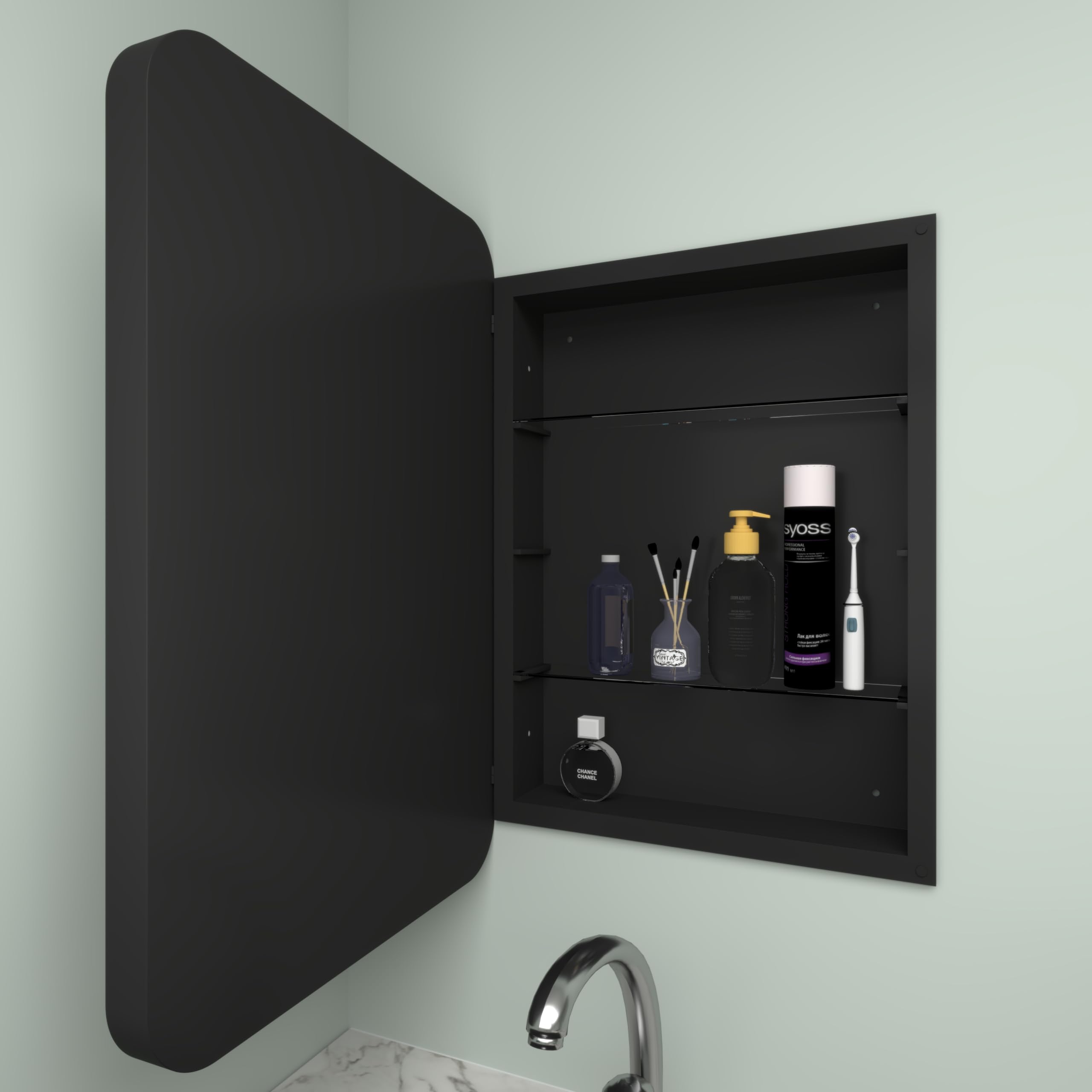 KeepTech 16”Wx24”H Farmhouse Framed Medicine Cabinet with Mirror, Matte Black Finish, Recessed or Surface Mount, Adjustable Shelves, Rounded Rectangle Bathroom Medicine Cabinet,Install Left or Right