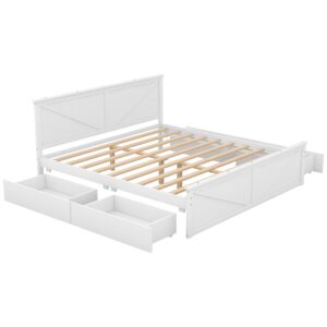 LZ LEISURE ZONE King Size Platform Bed, Wooden Platform Bed Frame with 4 Storage Drawers and Support Legs, No Box Spring Needed, White