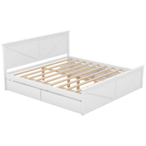 LZ LEISURE ZONE King Size Platform Bed, Wooden Platform Bed Frame with 4 Storage Drawers and Support Legs, No Box Spring Needed, White