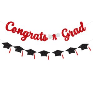 glitter red congrats grad decorations banner graduation decorations class of 2024 banner red and black glitter congrats grad graduation with tassel party decor college high school graduation party favors