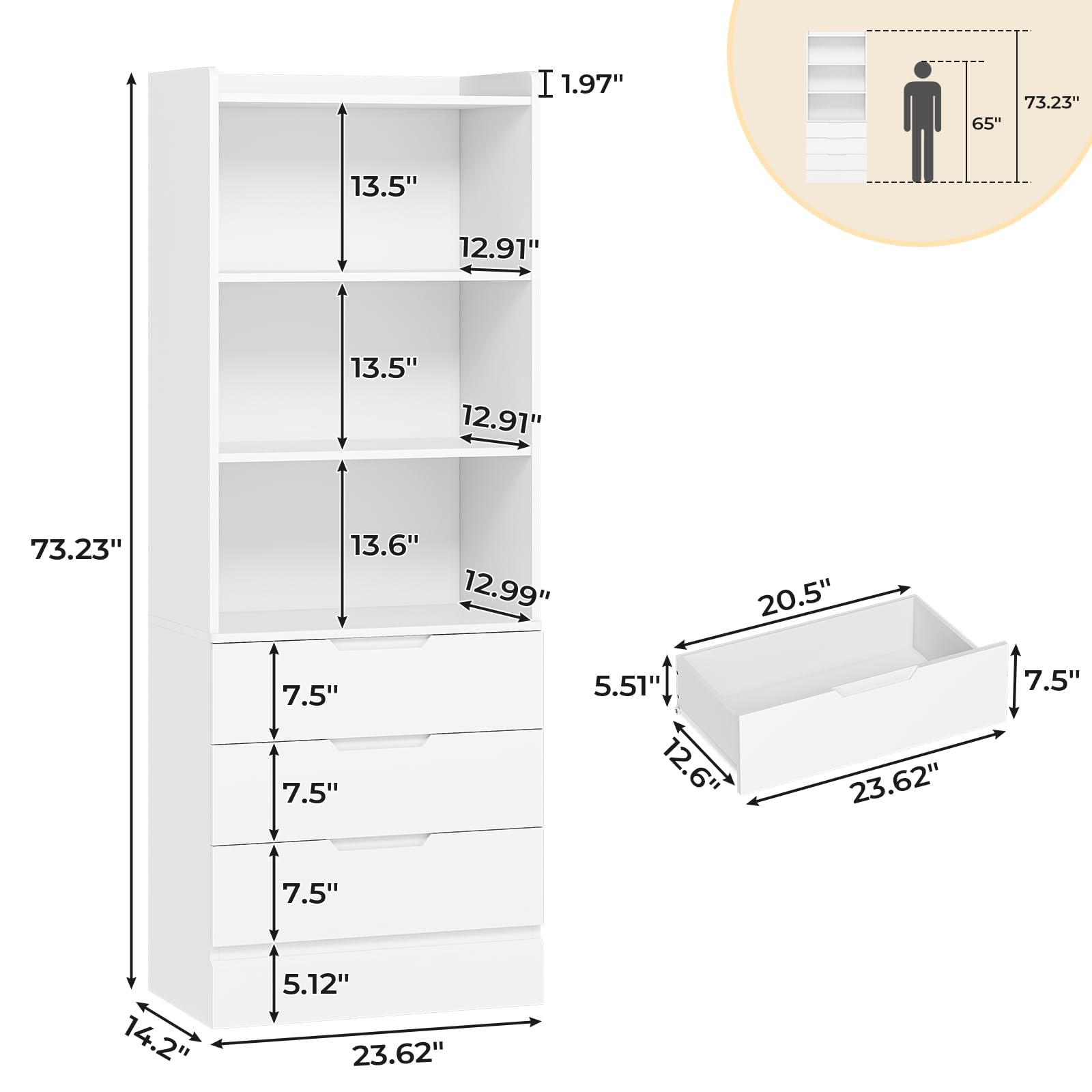 DICTAC 73.23'' Tall Storage Cabinet Bookcase with 3 Drawers and 3-Tier Open Shelves Wooden Bookshelf Kitchen Pantry Storage Cabinets Storage Organizer for Living Room, Study, Kitchen,Bathroom,White