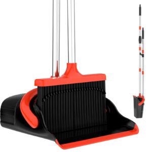 aishujie broom with dustpan combo set - 52'' long handle broom and dustpan set with self-cleaning teeth & standing dust pan and broom for home office kitchen lobby floor use