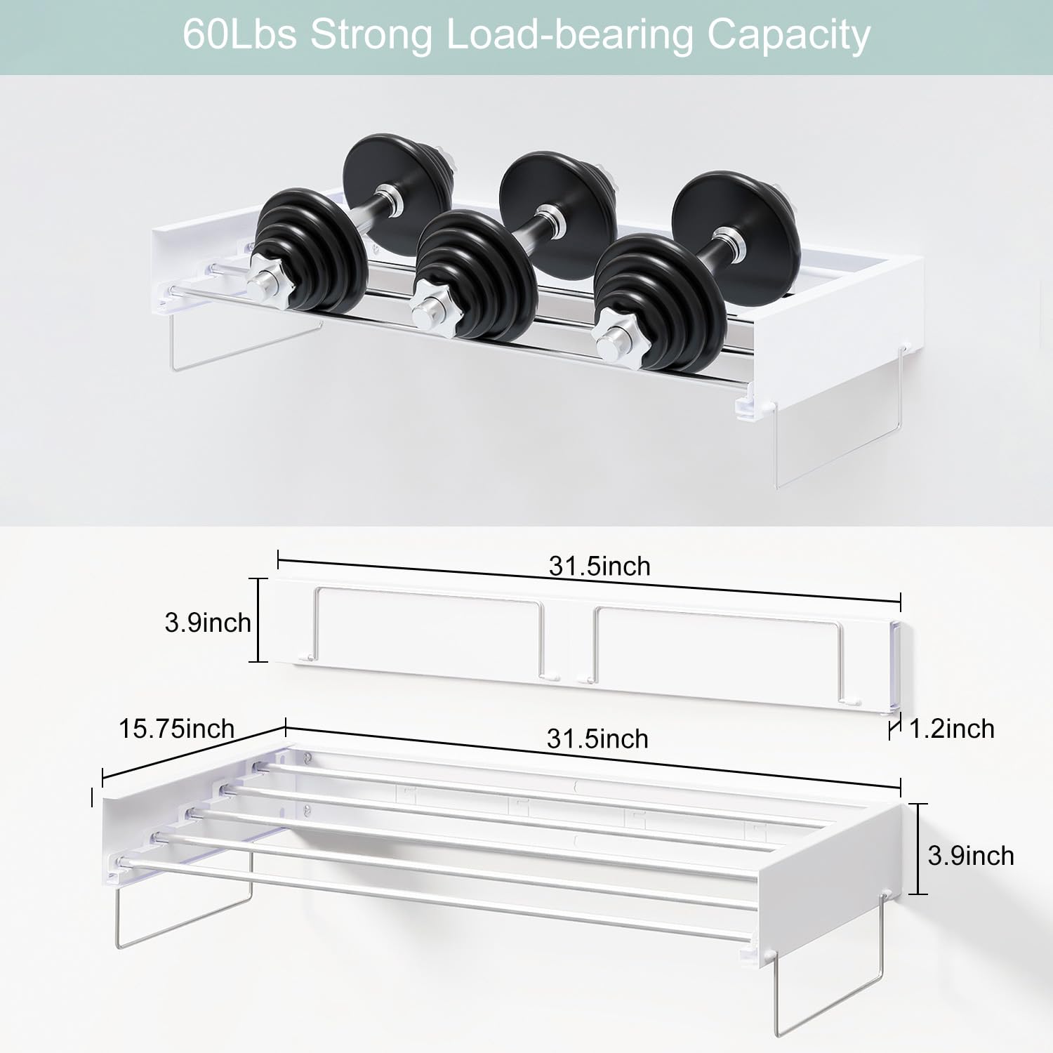 Wall Mounted Drying Rack, Laundry Drying Rack Collapsible, Clothes Drying Rack, Towel Drying Rack for Indoor & Outdoor with Wall Template & 5 Rods, 60 lb Capacity, 31.5” Wide, 13.5 Linear Ft, White