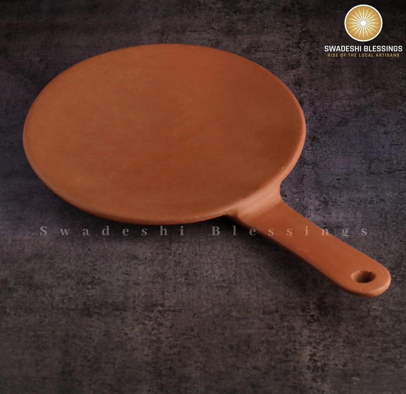 SWADESHI BLESSINGS Exclusive Range Unglazed Clay Tawa With Handle/Mitti Ke Bartan/Mud Tawa For Roti, Chappati, Paranthas/Earthen Indian Bread Maker + FREE ASH For Cleaning (9 Inches)