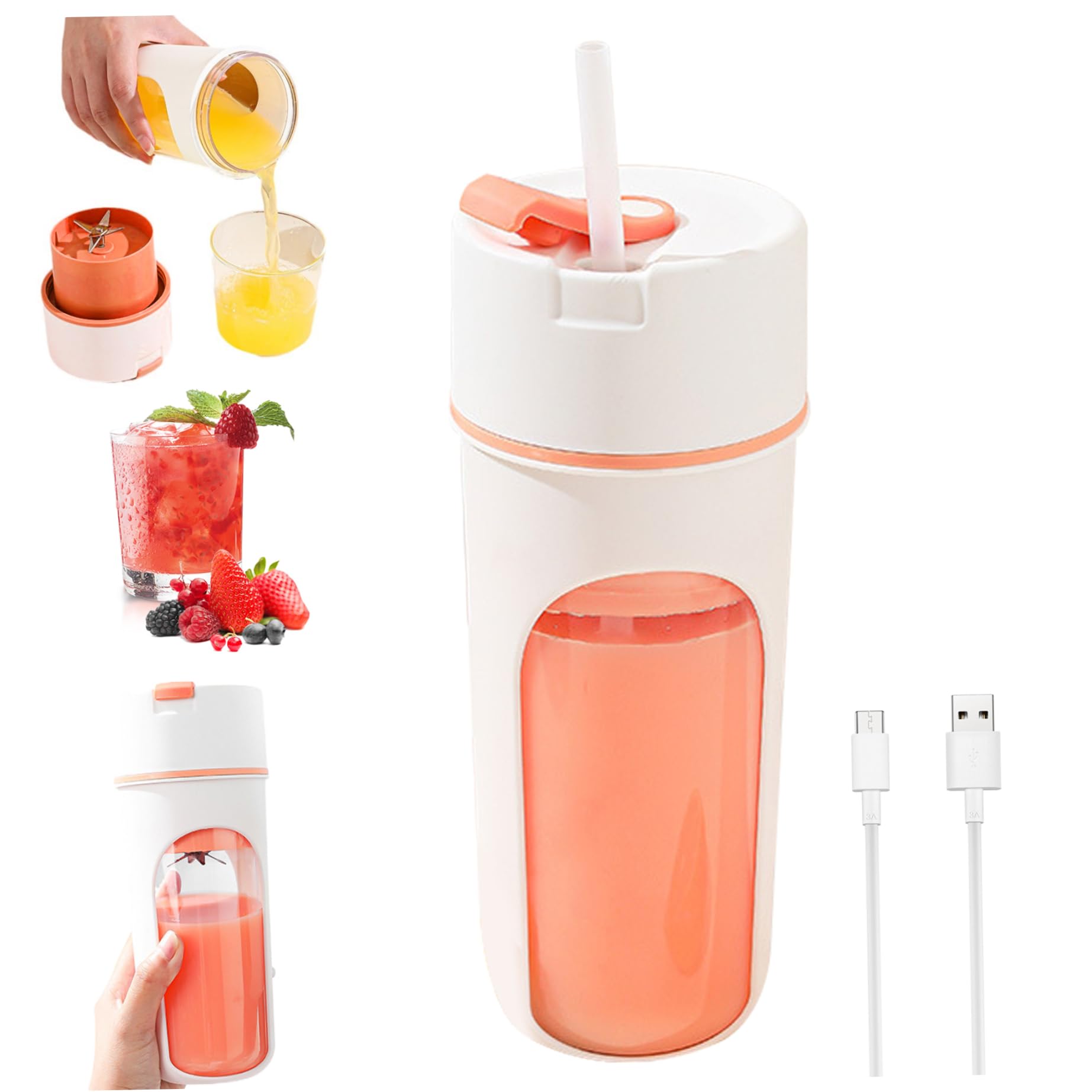 Portable Blender, 480ml Portable Juicer Blender with 6-Blade, Portable Blender Cup for Shakes and Smoothies, USB Blender for Office, Gym, Kitchen, Travel, Portable Blenders