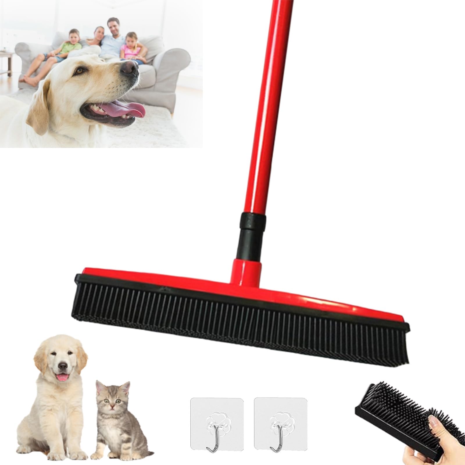 Indigopetco Pet Hair Removal Broom, Pet Hair Removal Tool, Multi-Surface Squeegee Rubber Broom, Rubber Broom Pet Hair Remover, Extendable Pet Hair Remover Broom for Carpet, Mats,Couch (Red)