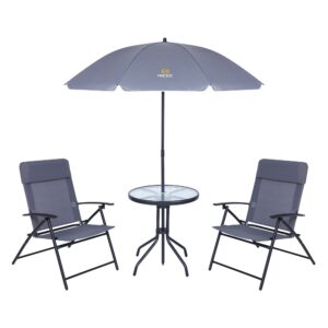 nice c patio set with umbrella, outdoor dinning set, patio furniture set, table and chairs, 4-piece garden furniture set, glass table, 2 folding chairs and tilt umbrella (grey)