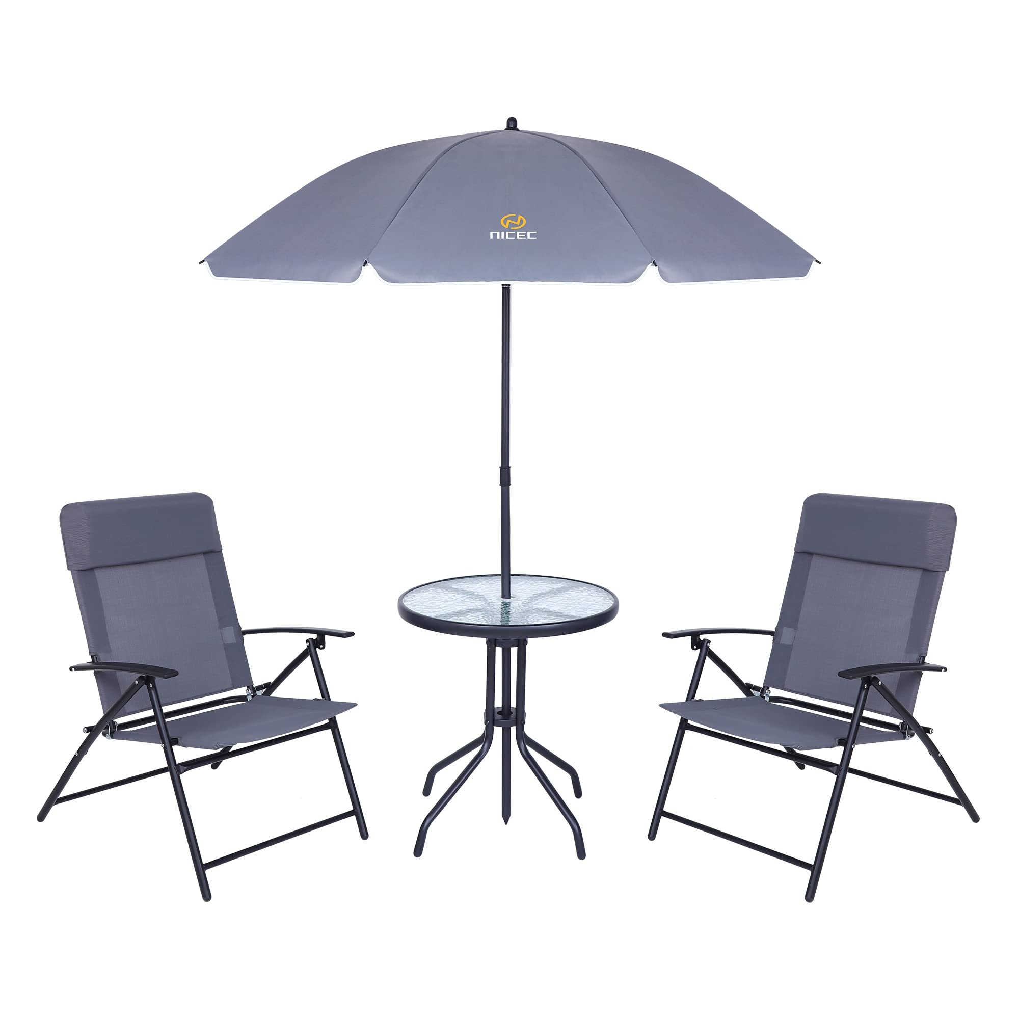 Nice C Patio Set with Umbrella, Outdoor Dinning Set, Patio Furniture Set, Table and Chairs, 4-Piece Garden Furniture Set, Glass Table, 2 Folding Chairs and Tilt Umbrella (Grey)