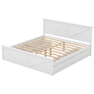 LZ LEISURE ZONE King Size Platform Bed, Wooden Platform Bed Frame with 4 Storage Drawers and Support Legs, No Box Spring Needed, White