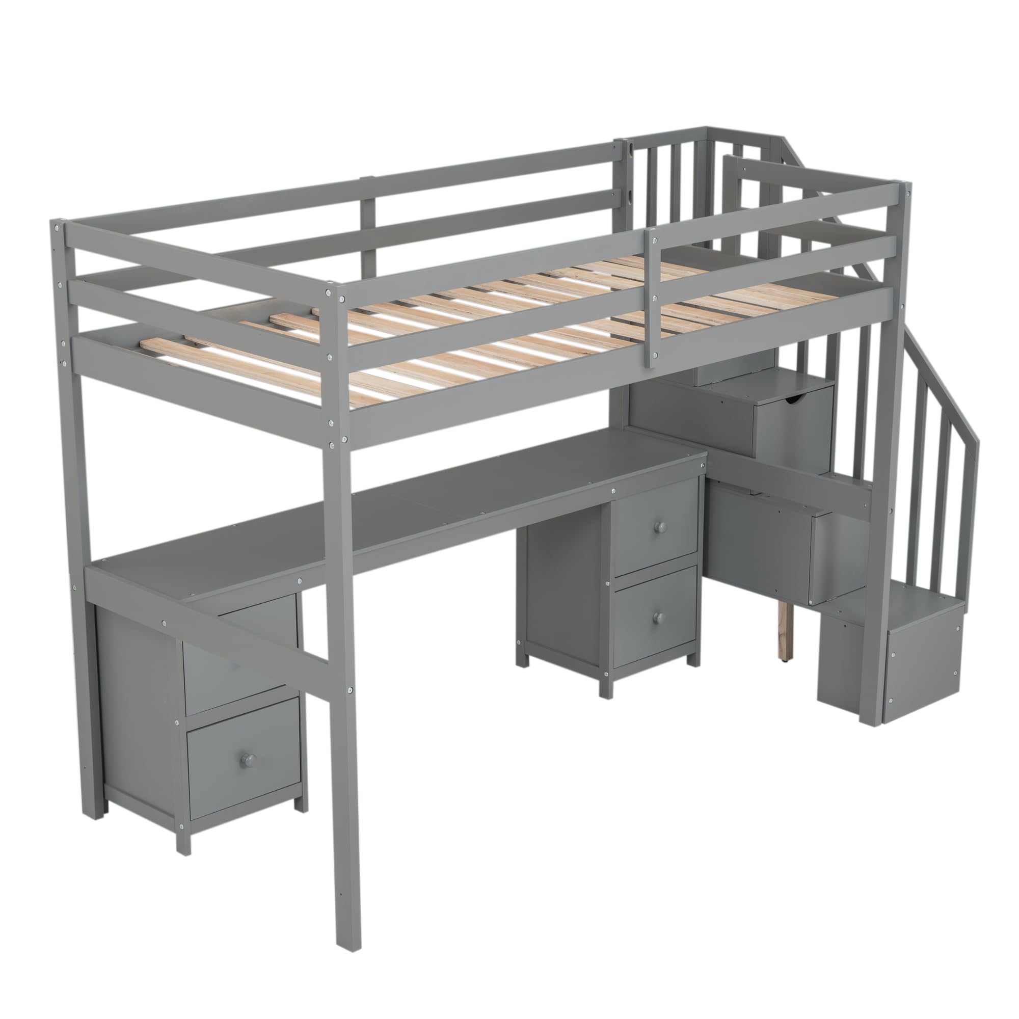 Harper & Bright Designs Twin Size Loft Bed with Storage Stairs and Built-in Desk, Wood Twin Loft Bed with Double Storage Drawers, Space Saving Junior Loft Bed for Kids Girls Boys, Grey