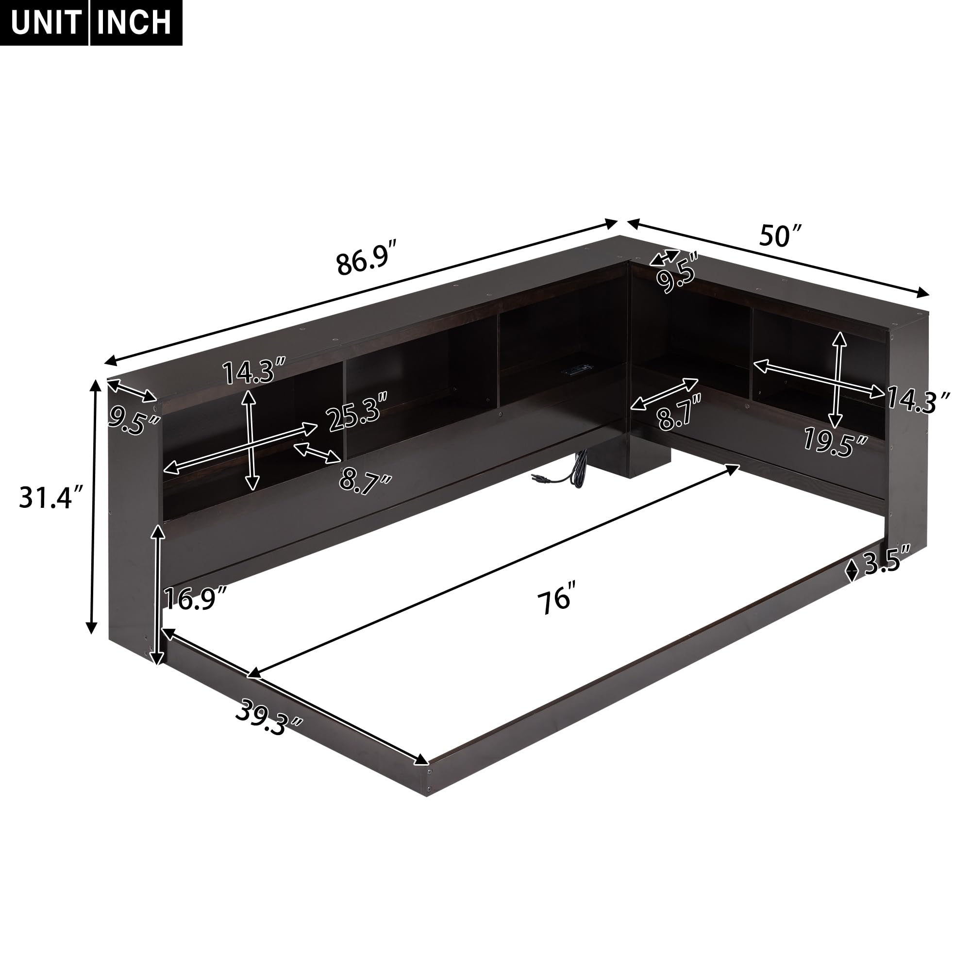 BestLM Wood Twin Size Daybed Floor Bed with Storage Cabinets and USB Ports for Kids Teens Boys Girls, Espresso