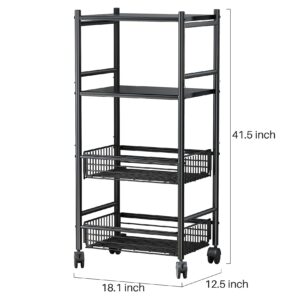 Kitchen Microwave Stand Shelf - 4 Tiers Metal Bakers Rack with Casters, Coffee Bar Station with Storage, Black