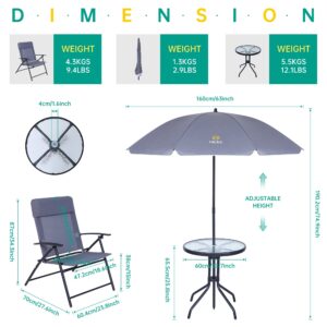 Nice C Patio Set with Umbrella, Outdoor Dinning Set, Patio Furniture Set, Table and Chairs, 4-Piece Garden Furniture Set, Glass Table, 2 Folding Chairs and Tilt Umbrella (Grey)