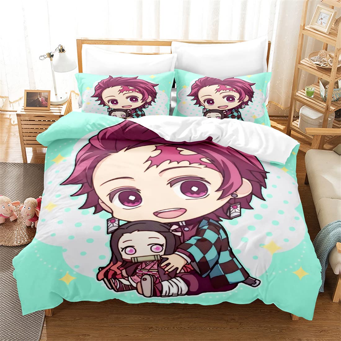 DAIRUINI Anime Demon Slayer Bedding Queen Size Bed Set 3pcs Bedroom Duvet Cover Set for Teens Boys Girls 1 Quilt Cover + 2 Pillowcases(No Comforter),DA-229,Queen:90"x90"/229 * 229cm