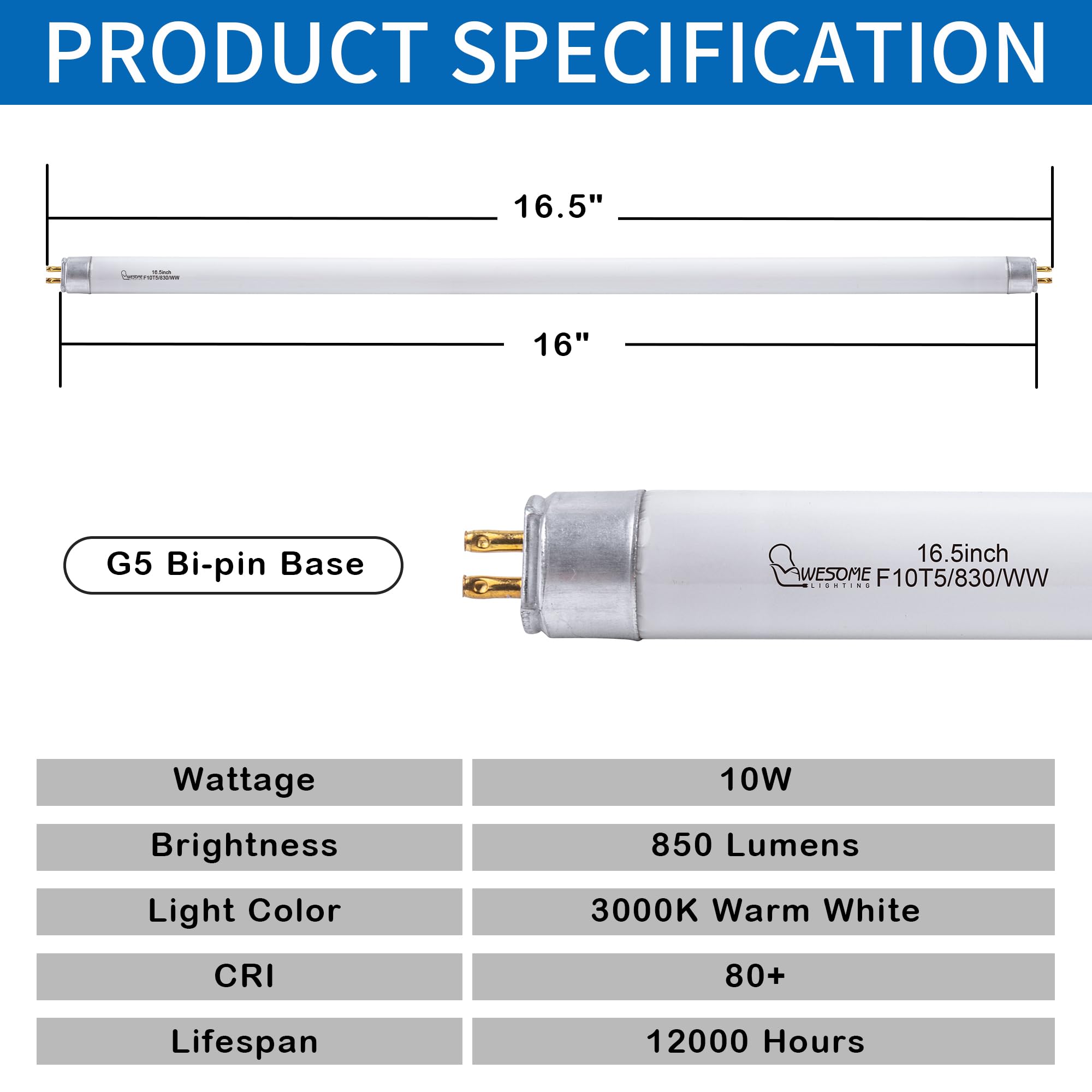 16" F10T5/WW Fluorescent Light Bulb, Warm White 3000K, T5 10 Watts Replacement Tube for Jasco, Philips, Counter and Cabinet Fixture, G5 Mini Bi-Pin Base - 4 Pack