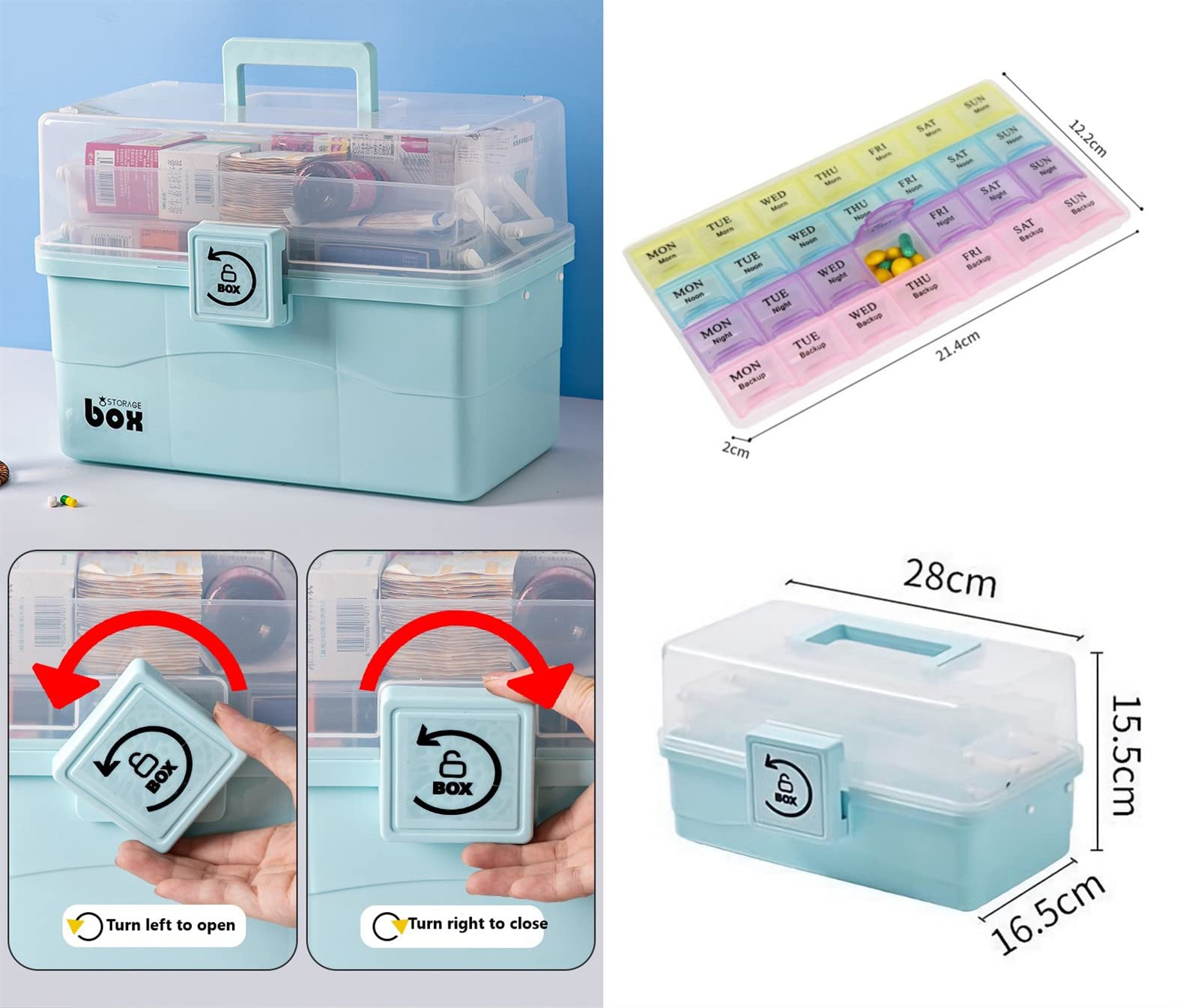 Fragolucyou Household Medicine Box/Cabinet with 7 Day Large Pill Organizer (three times-a-Day) and Six grids Pill Organizer,large capacity,three-tier storage area