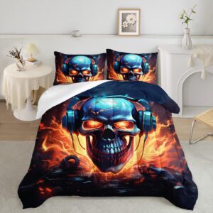 AILONEN 3D Skull Comforter Set Full Size, Music Headset Skull Skeleton Bedding Set,Fire Skull Bed in a Bag for Boys Teen,Hip Hop Skull Comforter with 2 Pillowcases