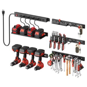 cccei 5pcs individual pegboard strip with power outlet. garage all metal wall mount mini black peg board set, for drill and tools battery holder kit, cleaning supplies cabinet organizer. gift for men