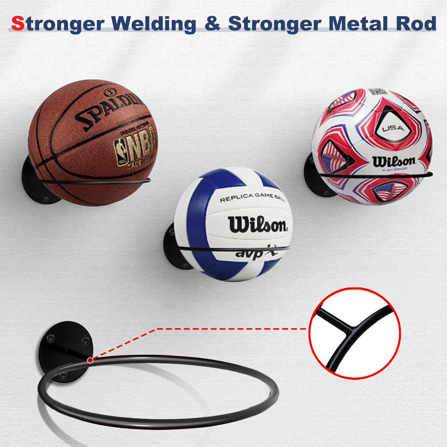 Qidoe Ball Storage Holder Wall Mount, Ball Stand Display Storage, Universal Ball Rack Metal Ball Holder Wall Mounted Basketball Display Rack for Basketball Football Volleyball Soccer Storage Display