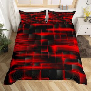 feelyou red black duvet cover queen size boys girls geometric strip lines bedding set for kids geometry comforter cover set abstract modern bedspread cover room decor bedclothes zipper