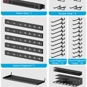 CCCEI 5PCS Individual Pegboard Strip with Power Outlet. Garage All Metal Wall Mount Mini Black Peg Board Set, for Drill and Tools Battery Holder Kit, Cleaning Supplies Cabinet Organizer. Gift for Men