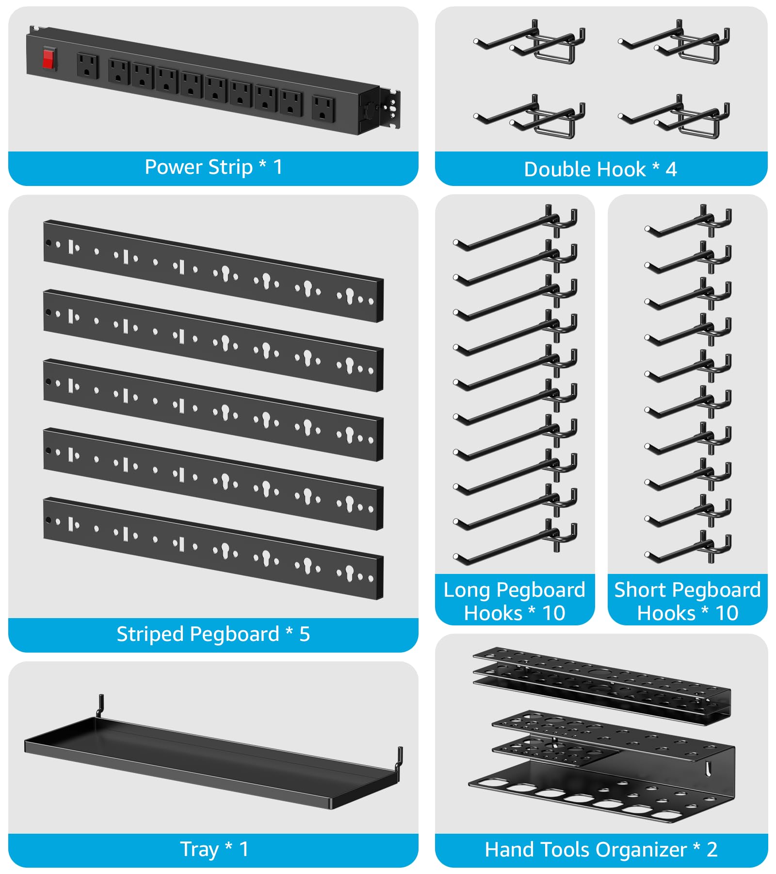 CCCEI 5PCS Individual Pegboard Strip with Power Outlet. Garage All Metal Wall Mount Mini Black Peg Board Set, for Drill and Tools Battery Holder Kit, Cleaning Supplies Cabinet Organizer. Gift for Men